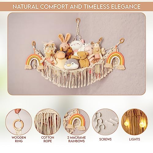 Luna Village Stuffed Animal Hammock, Stuffed Animal Organizer, Plush Toys Net Holder with 2 Macrame rainbows Macrame Toy Hammock, Stuffed Animal Net or Hammock, Stuffed animal net