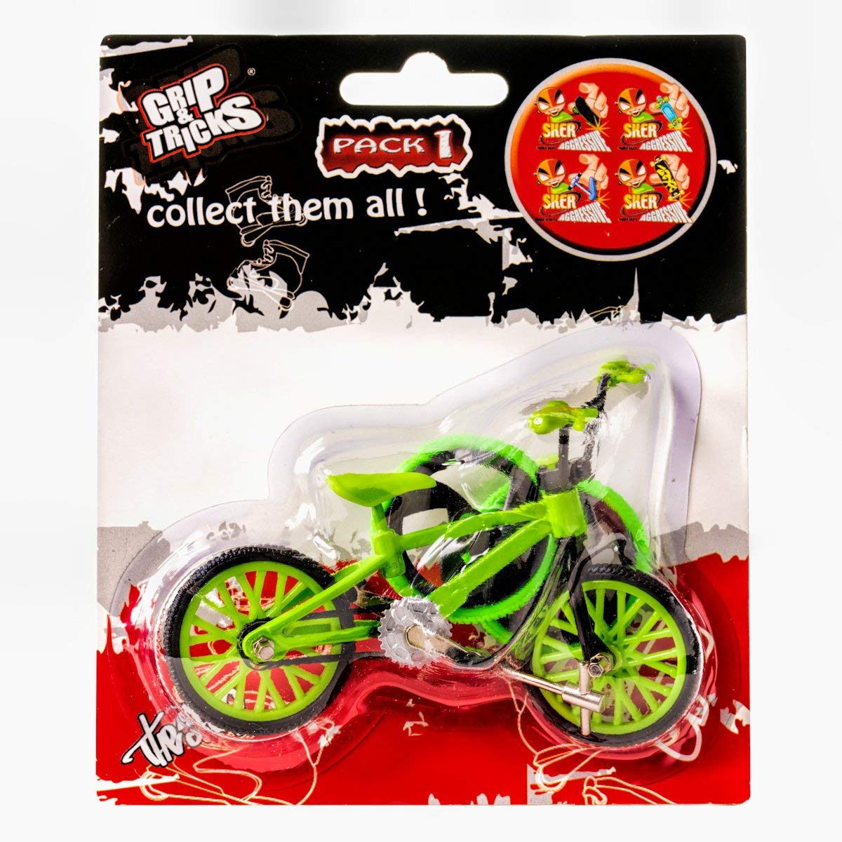 Grip and Tricks - Green Finger BMX Freestyle with 2 Extra Toy Bike Wheels and 1 Finger Bikes Tool - Pack 1 Finger Toy for Kids 6+ Years Old