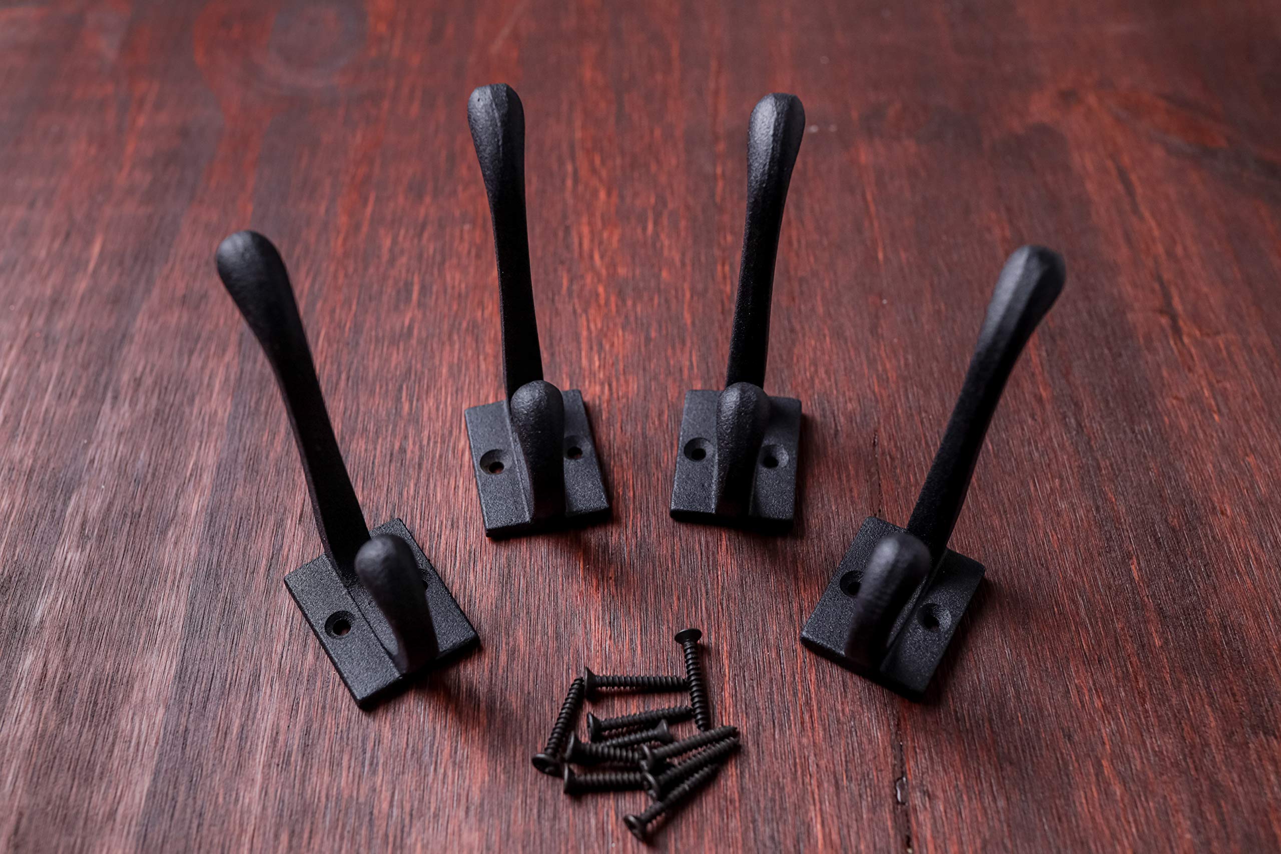 CRAFTSMAN ROAD Vintage Cast Iron Wall Hooks (Black Texture Finish, Set of 4) - Rustic, Farmhouse Coat Hooks | Great for Coats, Bags, Towels, Hats | Classic Stout