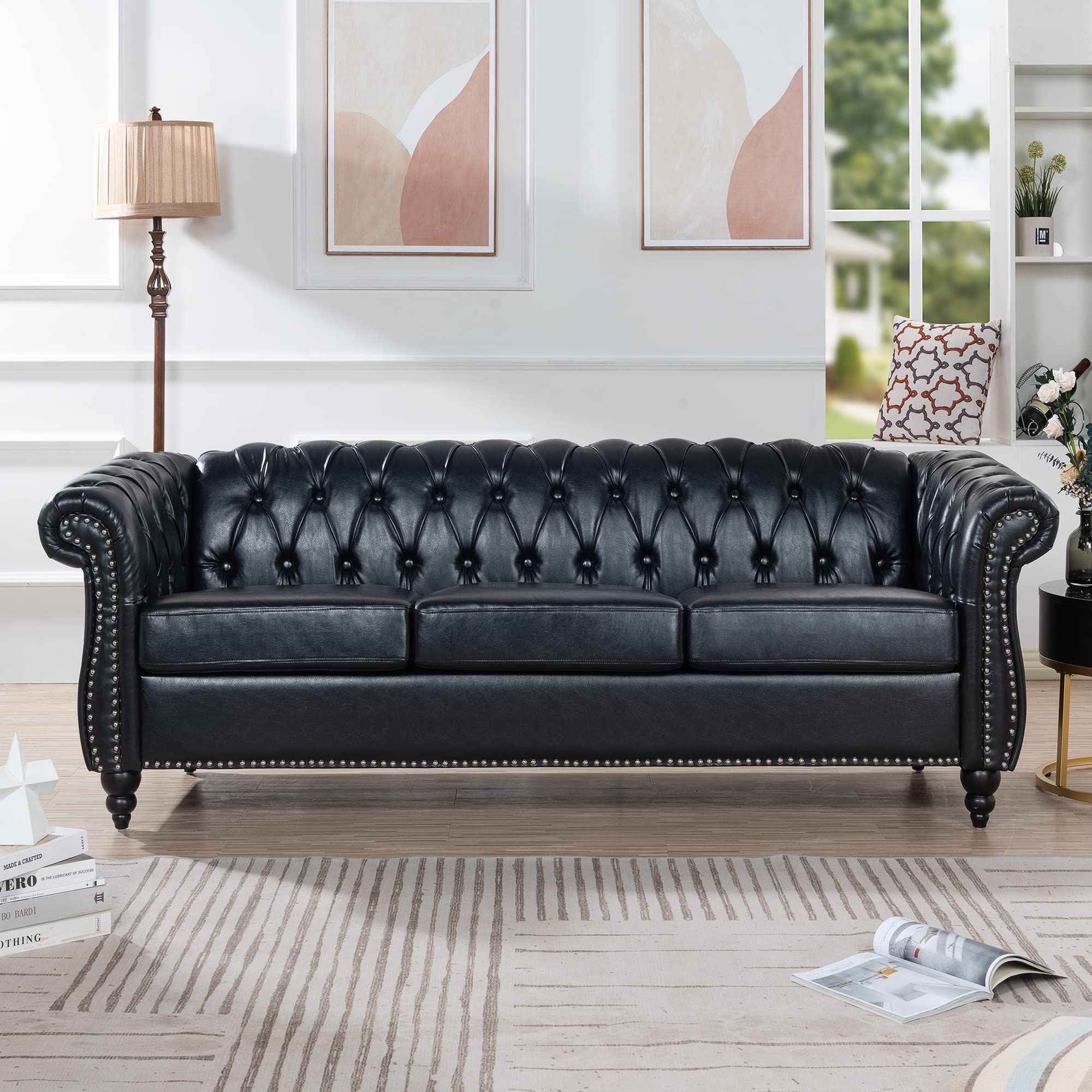 Chesterfield Luxury Leather Sofa, Upholstered PU Sofa with Tufted Back, Classic 3 Seater Leather Couch Rolled Arm for Living Room Office (Orange)