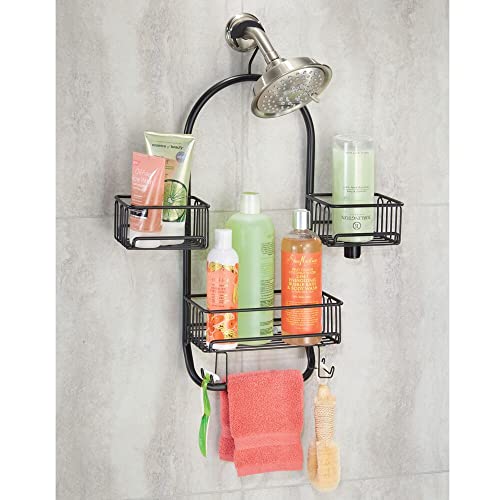 mDesign Modern Metal Wire Bathroom Tub & Shower Caddy, Hanging Storage Organizer Center - 2 Wash Cloth/Razor Hooks, 3 Baskets - for Bathroom Shower Stalls, Bathtubs, Rust Resistant Steel - Matte Black