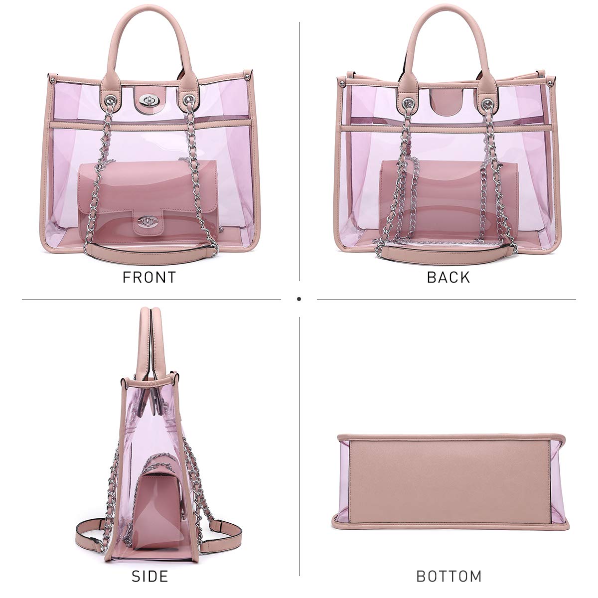 Large Clear Tote Bag Top handle Bag for Women Handbag Messenger Crossbody Purse With Turn Lock Closure (2 Sets) (Pink)