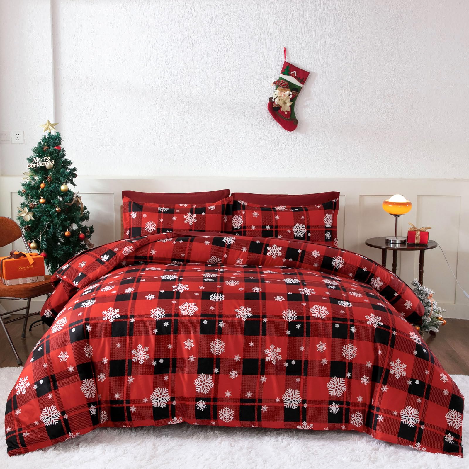 Christmas Duvet Cover Set Queen, Boho Red Teal Striped with Reindeer Cardinals Pattern Bedding Comforter Cover Set for Festive Bedroom Decor 3 Pieces Zipper Closure
