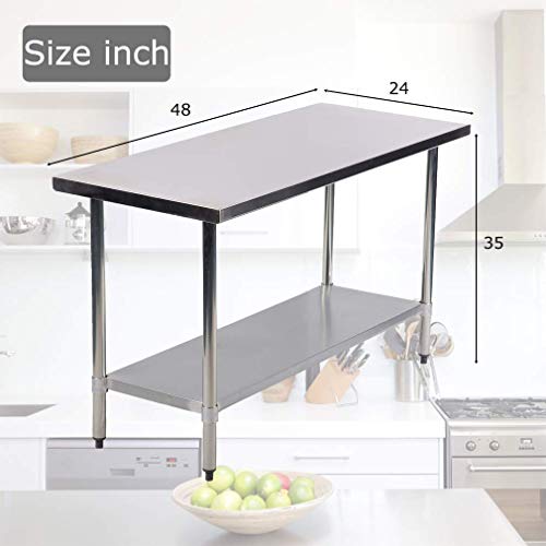 Kitchen Stainless Steel Catering Table, 24" X 48" Heavy Duty NSF Commercial Food Prep Table,Double Layer Metal Scratch Resistant Worktable with Adjustable Shelf for Garage Restaurant Kitchen, Silver