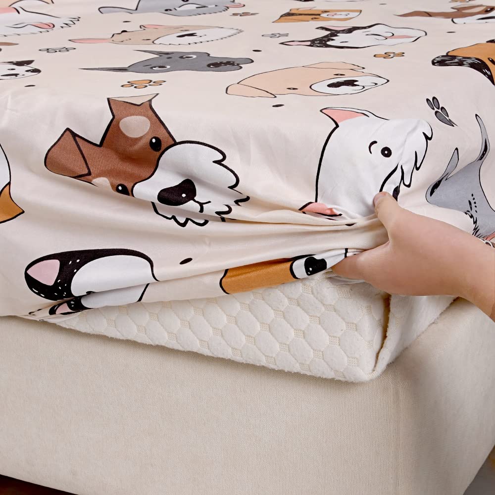 KWLOVER 2PCS Soft Bed Fitted Sheet and Pillowcase Set for Single Bed,Doggy Printed Puppy Pattern Design Sheets for Kids Teens Twin Size Bed