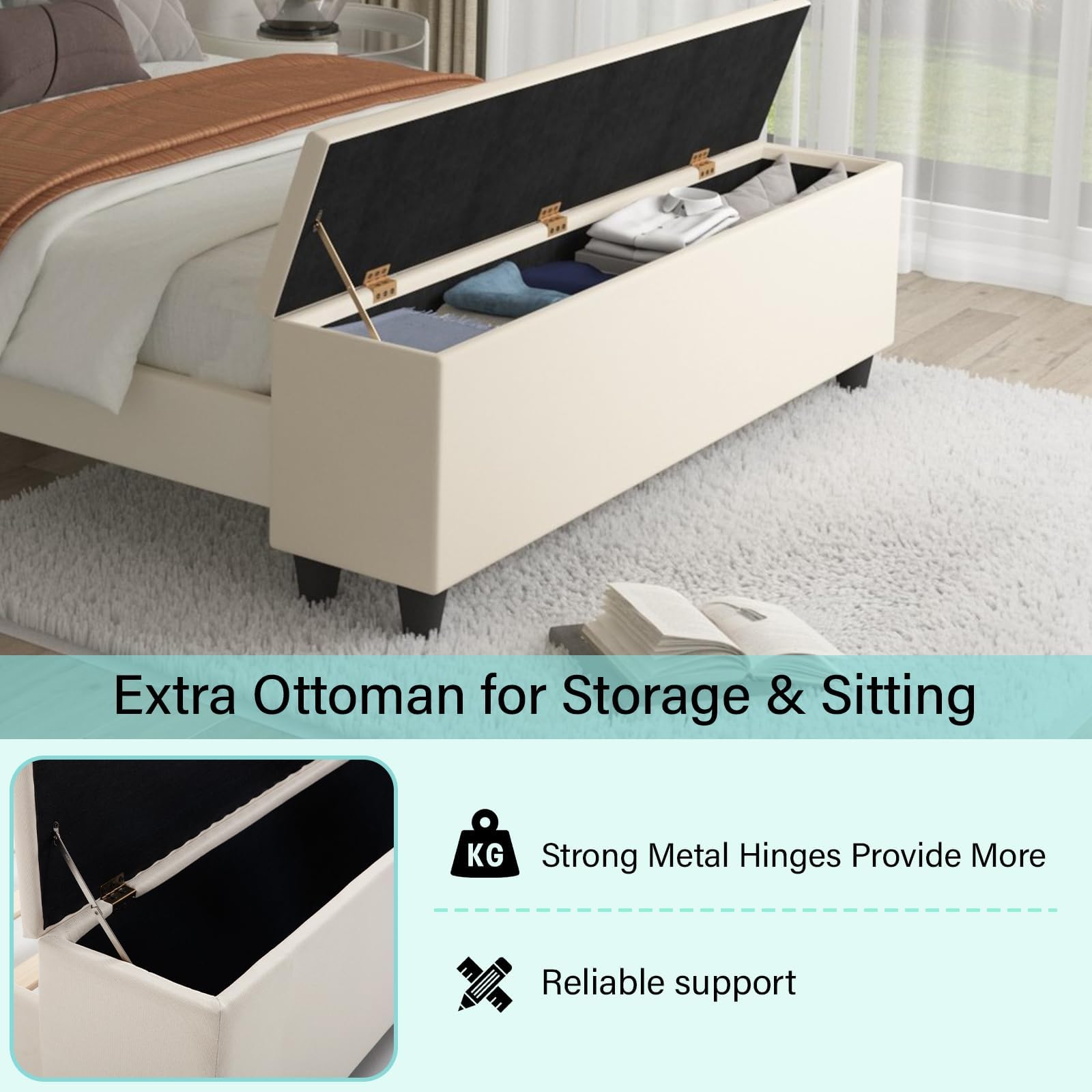 Benevika Upholstered Platform Queen Bed Frame with Large Storage, Modern Linen Fabric Headboard with LED Lights and Charging Station, Sturdy, Ottoman, No Box Spring Needed, Easy Assembly, Grey