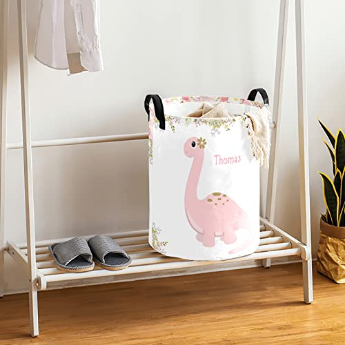 Pink Floral Girl Dinosaur Personalized Laundry Hamper ,Custom Name Collapsible Waterproof Laundry Basket Storage Bins with Handle for Clothes,Toy,Nursery