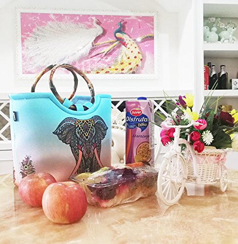 Lunch Bag Tote Bag by QOGiR - Large Reusable Insulated Neoprene lunch Bag with Inside Pocket (Elephant)