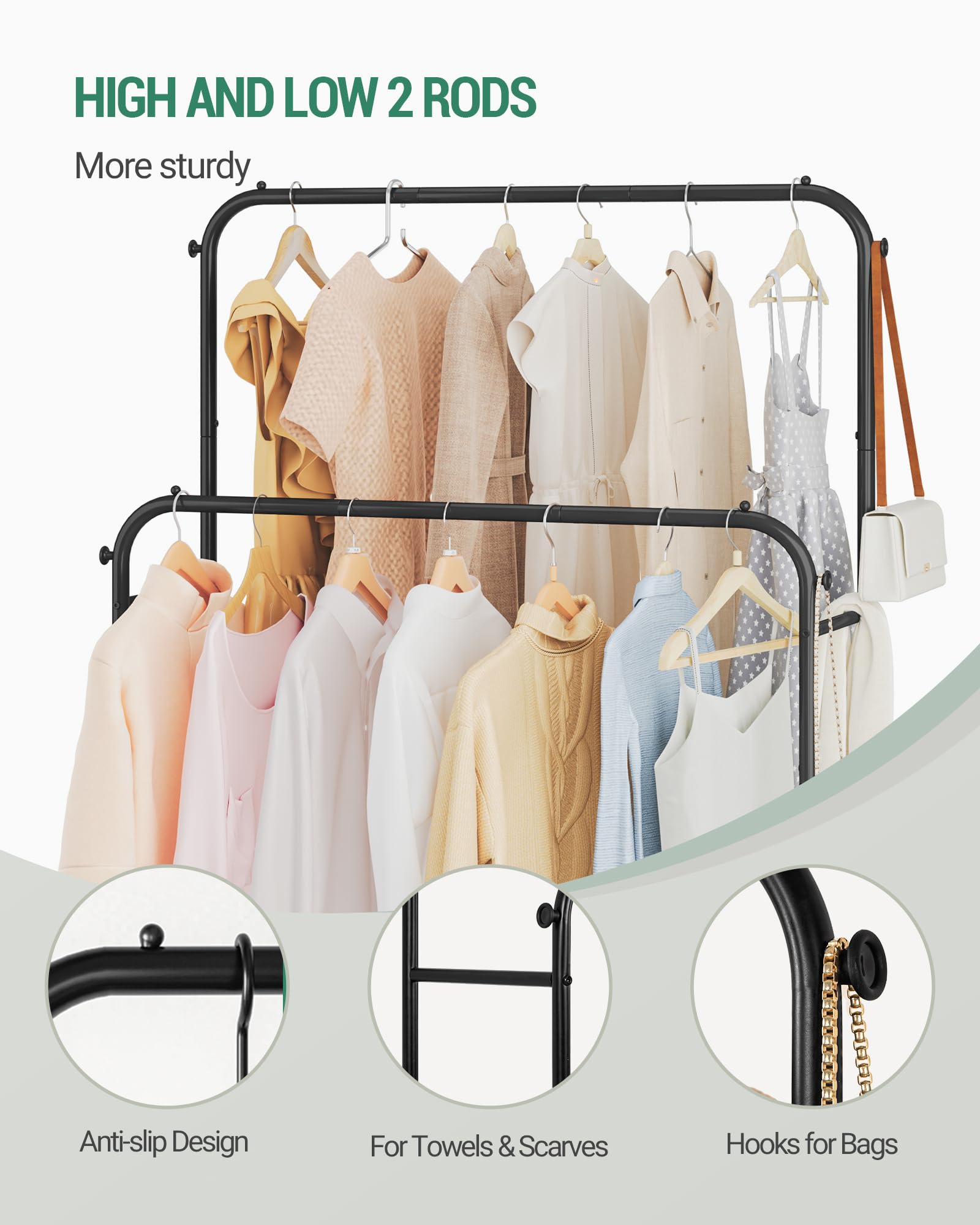 Hzuaneri Clothes Rack, Double Rods Garment Rack with Storage Shelf, Clothing Rack for Hanging Clothes, Metal Frame Clothes Organizer for Bedroom, Living Room, Black GR34099B