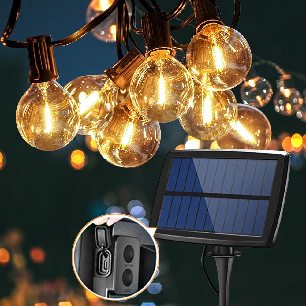 JFQSUNSINE Solar String Lights Outdoor, 25Ft 15 LED Bulbs Waterproof G40 Patio Lights, Solar Powered String Lights with USB Charging, 4 Modes for Party Patio Garden Wedding Xmas Decoration