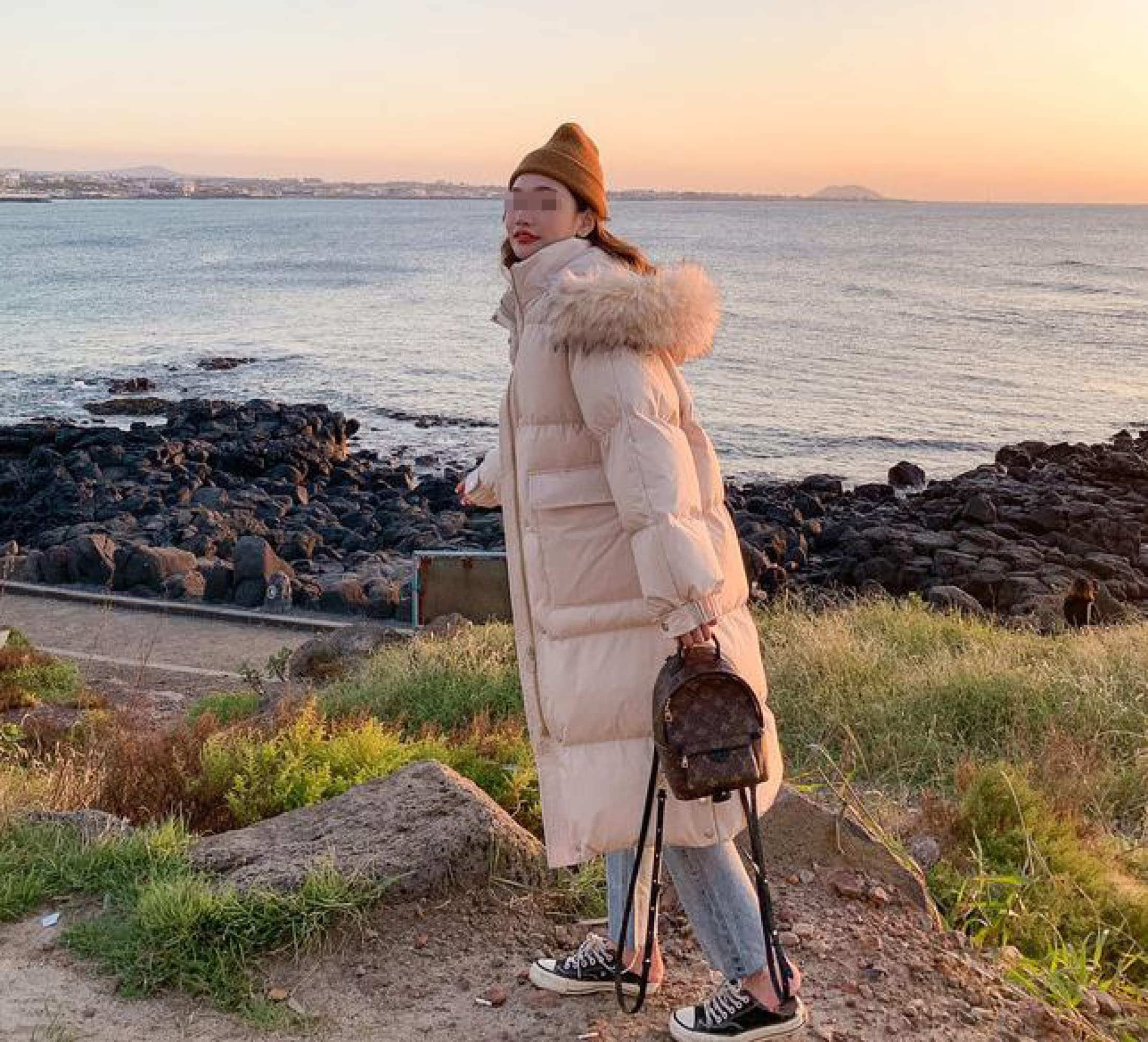 BLFYQB Winter Coat Female Loose Port Wind Long Section Thigh Thicken Nagymaros Collar Coat Tide Fit The Wrist Cuffs/Beige/L