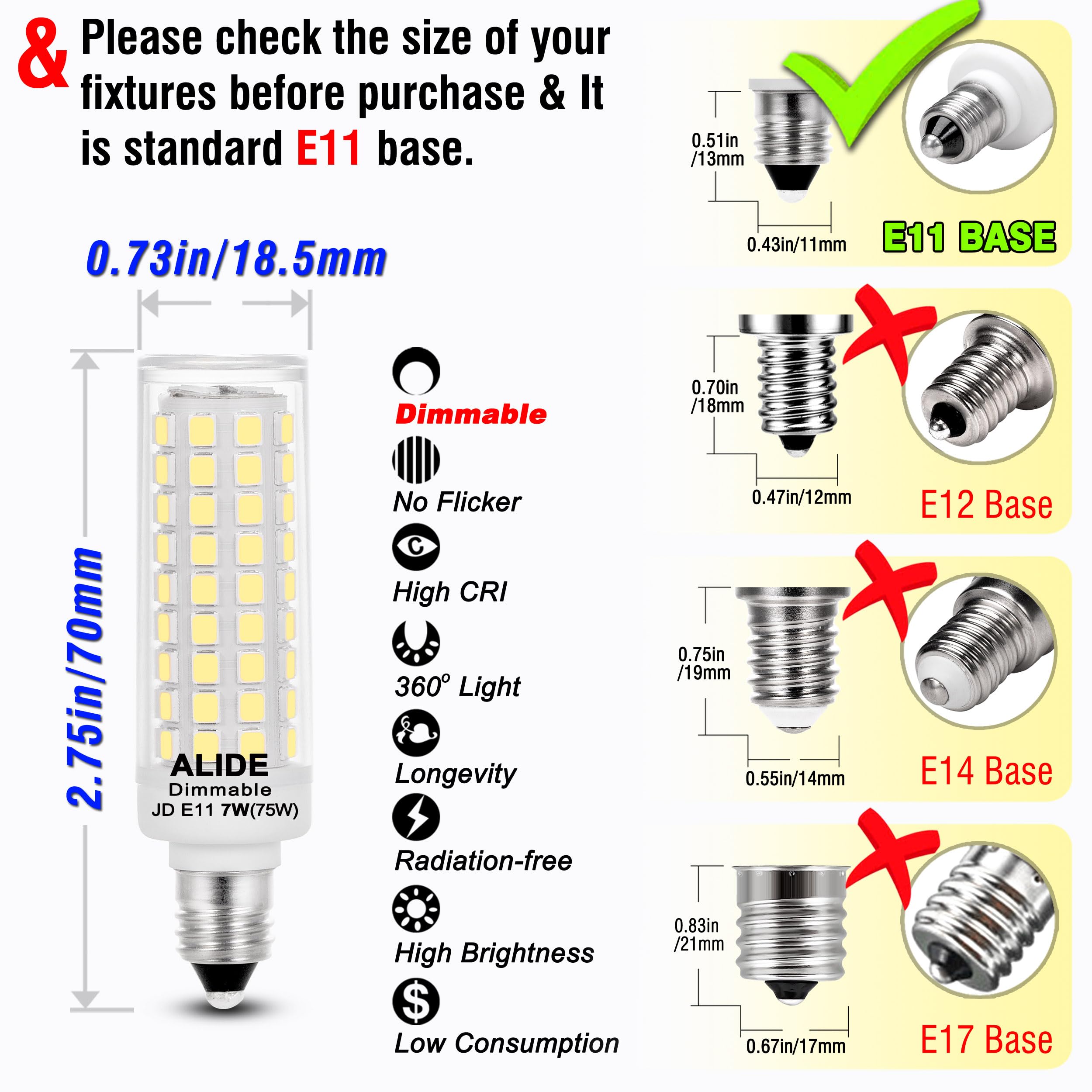 JDE11 Led Bulbs 120V 75W Halogen Candelabra Bulbs Equivalent Dimmable,T3 T4 Mini Base JD E11 Bulb, 6000K Daylilght White 7W 750lm E11 for Chandeliers,Candelabra,Ceiling Fan,Cabinet Lighting,4Pcs