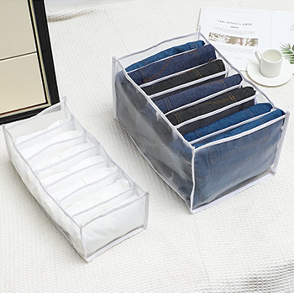 JIAANG 2Pcs Wardrobe Clothes Organizer, Jeans Compartment Storage Box Foldable Closet Drawer Organizer, Portable Storage Containers for Bedroom Dorm Room (White,Large)