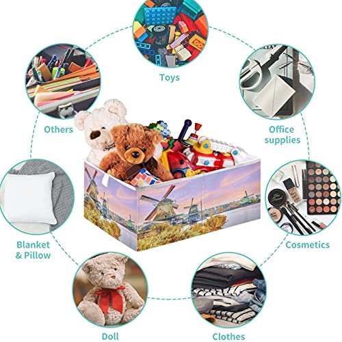 visesunny Closet Baskets Windmill in The Suburbs Of Amsterdam Storage Bins Fabric Baskets for Organizing Shelves Foldable Storage Cube Bins for Clothes, Toys, Baby Toiletry, Office Supply