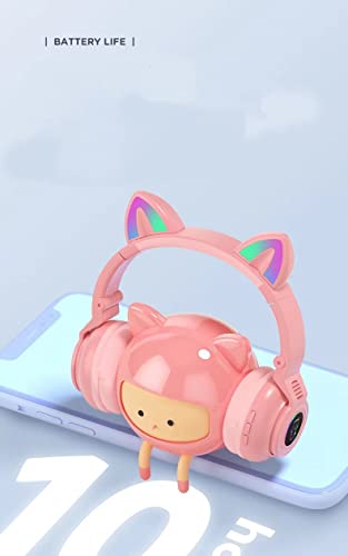 Headset Cat Ears Bluetooth Earphone Wireless Gaming Noise Cancelling 8 Hours with Mic USB Virtual Reality Detachable Cute Luminous Mouse Ear Rainbow RGB Flashing Light On-Ear Headphone (Pink) (ER-1)