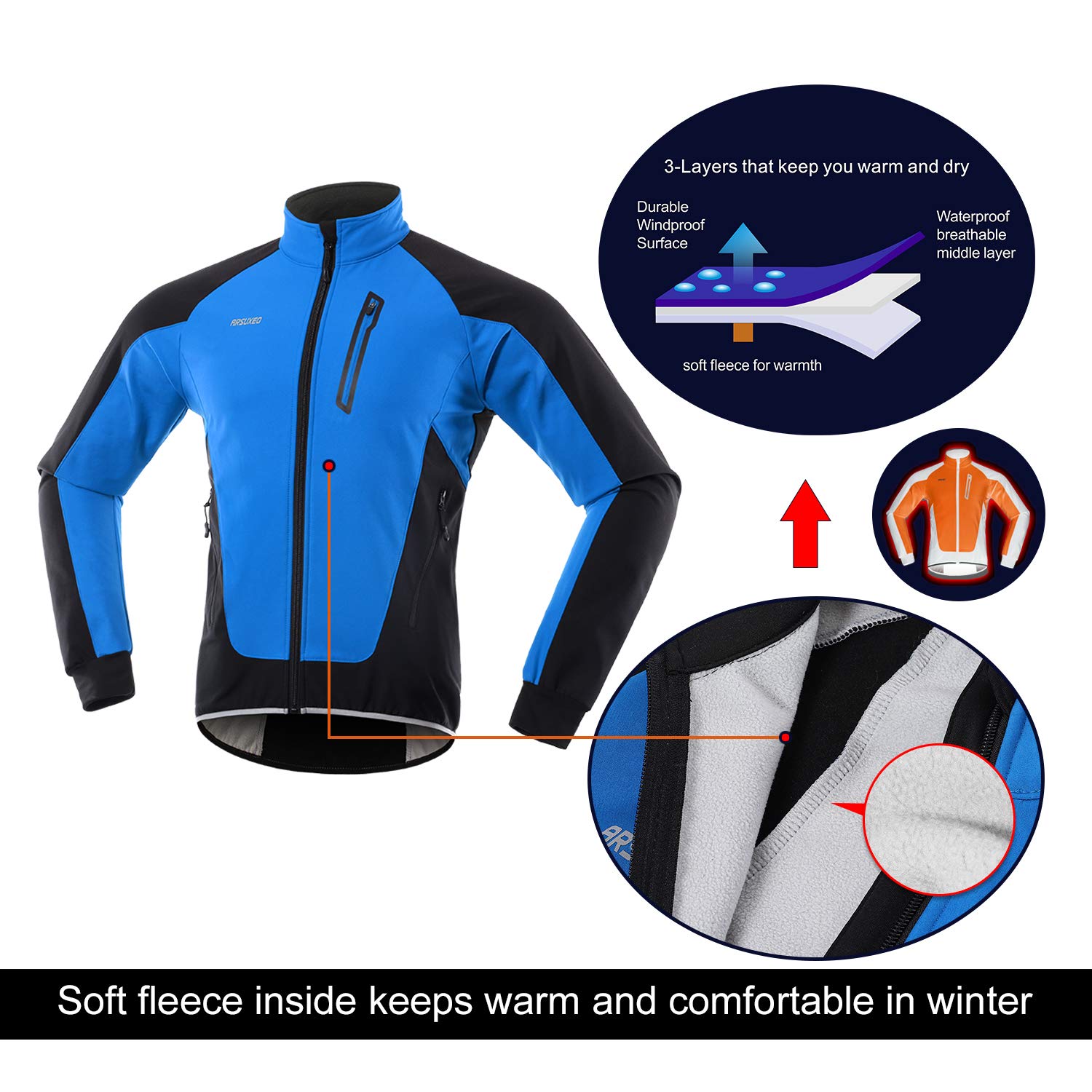 ARSUXEO Men's Winter Cycling Jacket Thermal Fleece Softshell Mountain Bike Outwear Windproof Waterproof 20B Blue Size Large