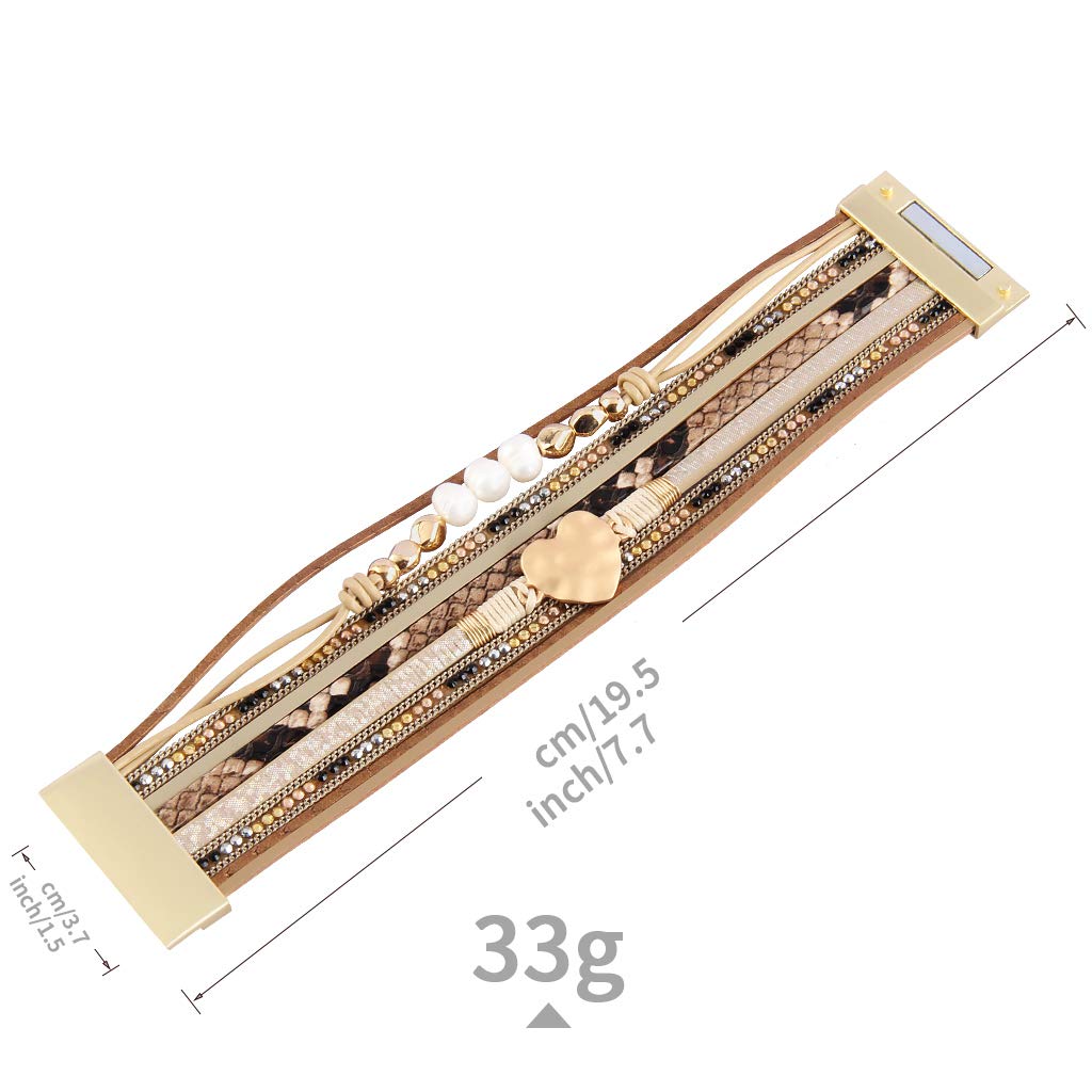 AZORA Leather Cuff Bracelet Multi Strands Beige Wrap Bangle with Pearl Boho Jewelry for Women Christmas Gift