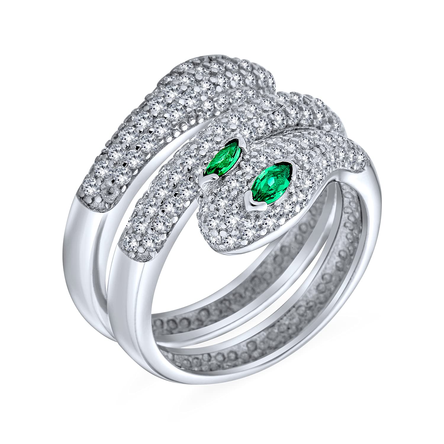 Bling Jewelry Egyptian Style Exotic Formal CZ Micro Pave Simulated Emerald Green Eye Wrapping Stackable Bypass Wrap Wide Statement Serpent Snake Ring for Women Open Adjustable .925 Sterling Sliver