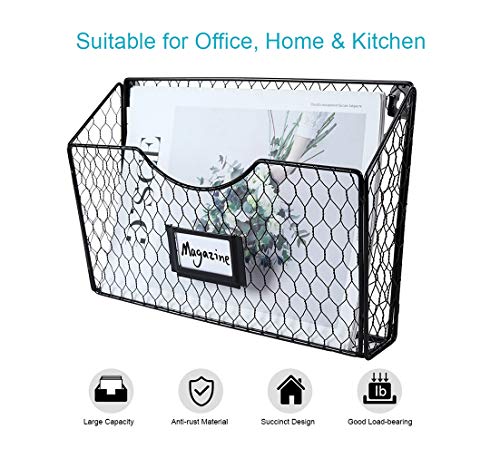 PAG 3 Pockets Hanging File Holder Wall Mount Mail Organizer Metal Chicken Wire Magazine Rack with Tag Slot, Black