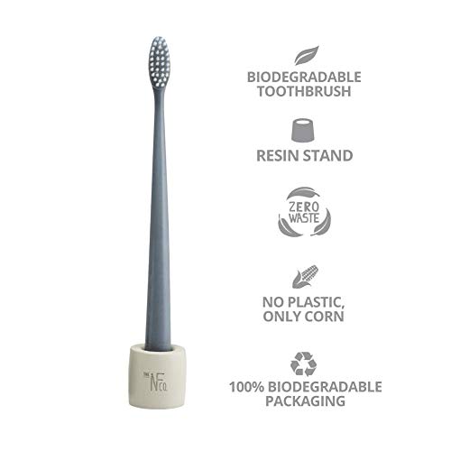 The Natural Family Co. Bio Toothbrush and Stand, Soft Nylon Bristles with Non GMO Cornstarch Handles, Plastic Free Packaging and Monsoon Mist