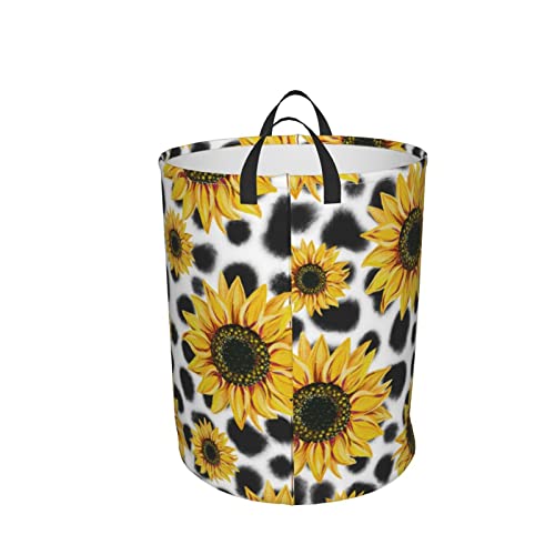 KiuLoam Sunflowers On Cow Print 19.6 Inches Large Storage Basket Collapsible Organizer Bin Laundry Hamper for Nursery Clothes Toys