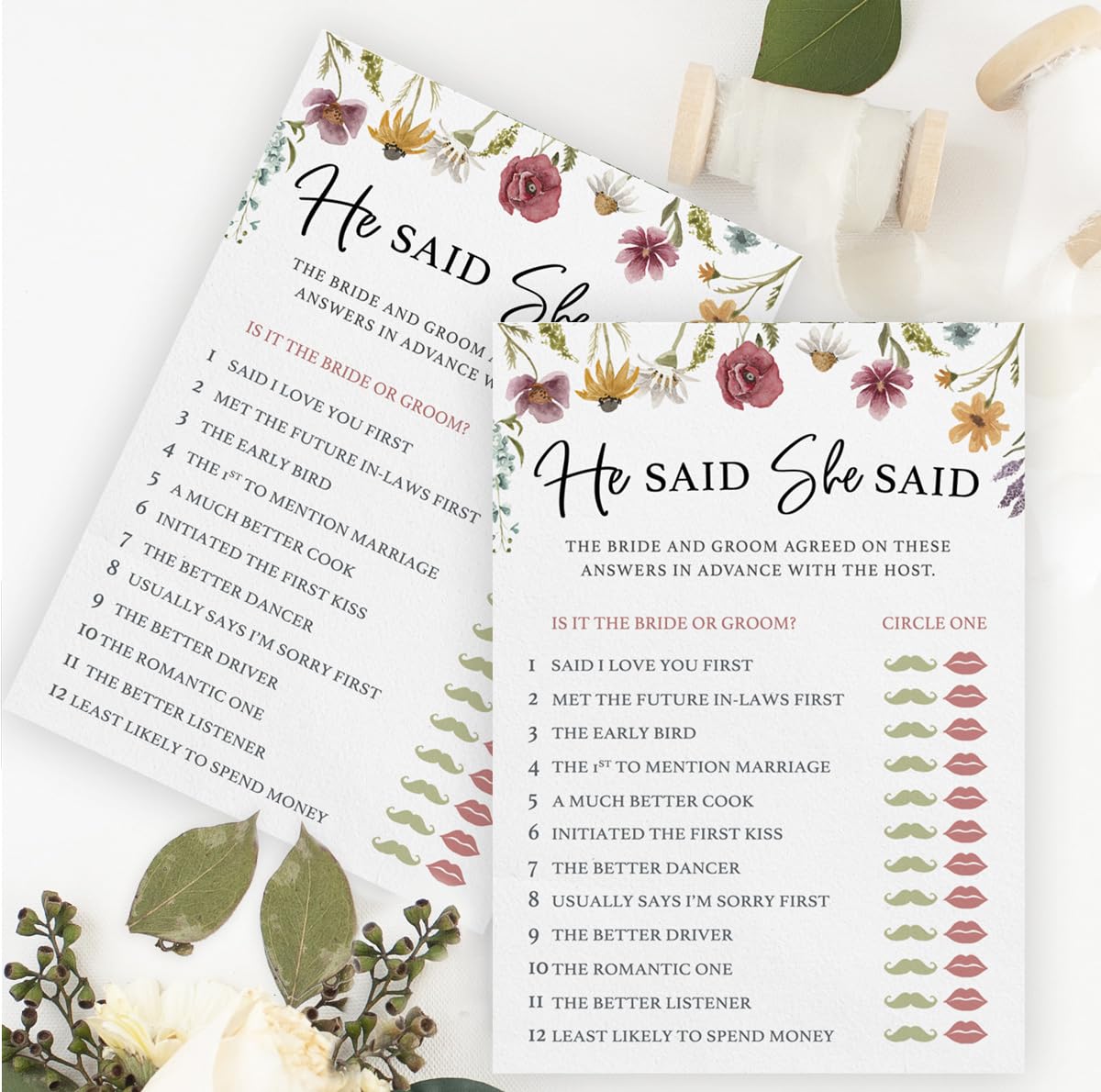 Printed Party Bridal Shower Game Set β 4 Fun Games and Activities for 30 Guests, Includes Bingo, Emoji Guessing, and Bride & Groom Trivia, Love In Bloom Wildflower Design