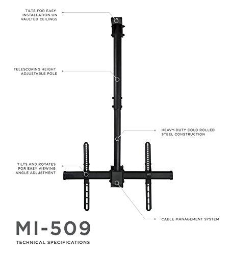 Mount-It! TV Ceiling Mount Bracket, Adjustable Height Full Motion 360 Deg Rotation Tilting Swiveling for Flat Panel LCD LED OLED Plasma TVs, Fits up to 75 Inch TVs, 110 Pound Capacity, Black (MI-509B)