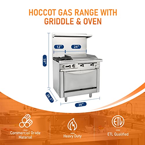 HOCCOT 36” Gas Range Stove with 2 Burners and 24” Griddle Cooktop, Freestanding Commercial Natural Gas Restaurant Range Stainless Steel w/Standard Oven & Cast Iron Grate, 135,000 BTU Total