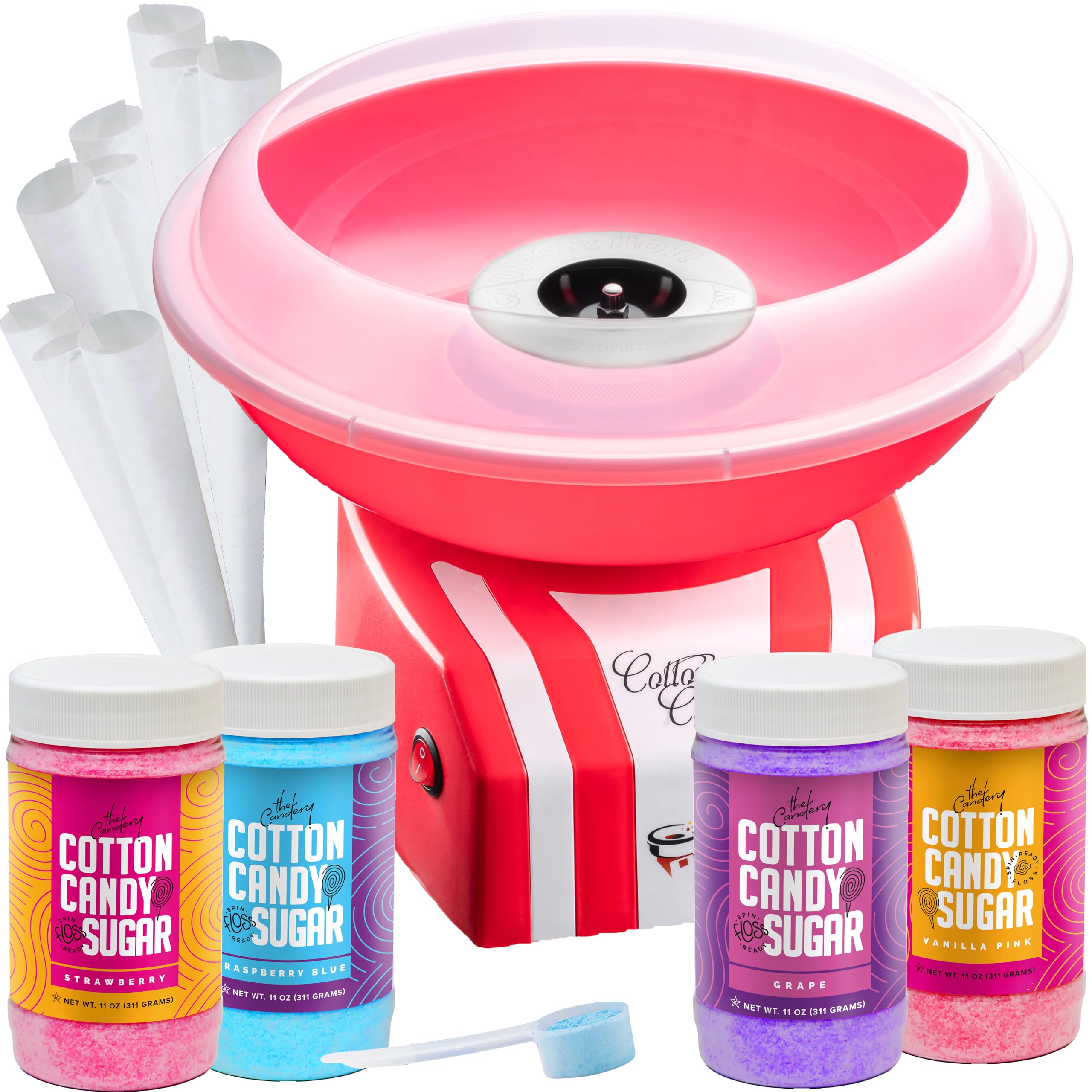 The Candery Cotton Candy Machine and Floss Bundle- Bright, Colorful Style- Sugar Free Candy, Sugar Floss, for Birthday Parties - Includes 4 Floss Sugar Flavors 12oz Jars and 50 Paper Cones & Scooper