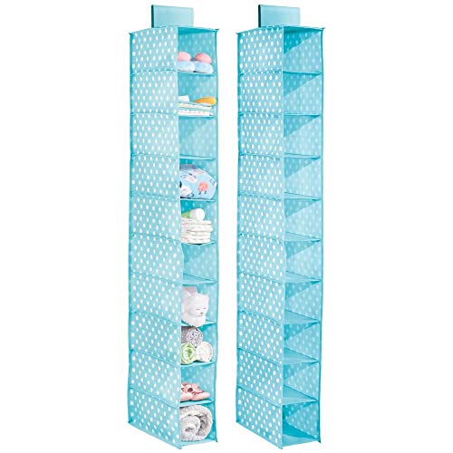 mDesign Soft Fabric Over Closet Rod Hanging Storage Organizer with 10 Shelves for Child/Kids Room or Nursery - Polka Dot Print - 2 Pack - Turquoise Blue with White Dots