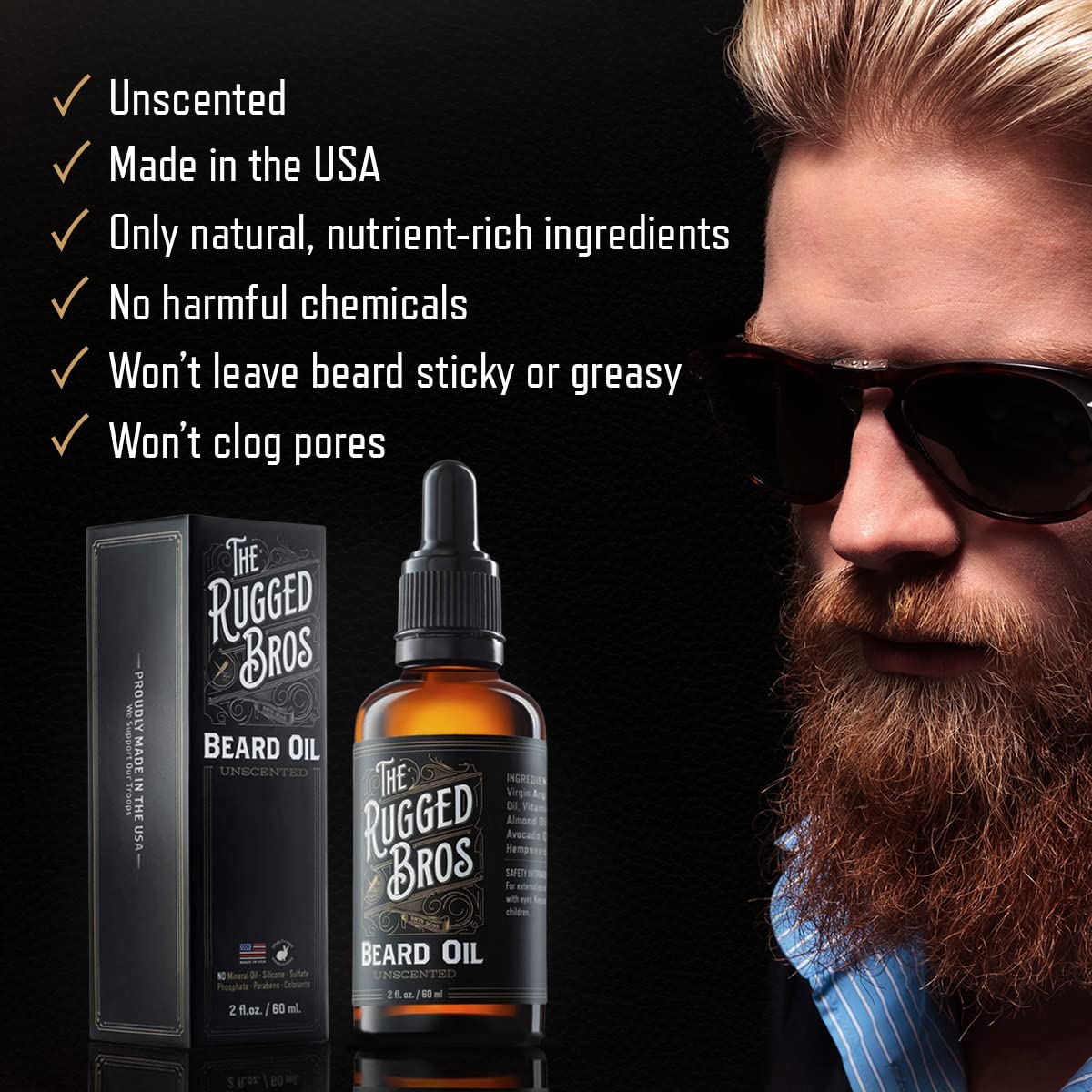 The Rugged Bros Beard Oil : with Argan Oil Serum and Jojoba Oils for Growth and Shine - Leave In Deep Conditioner, Softener, and Thickener, for all Beards and Mustaches (Unscented)