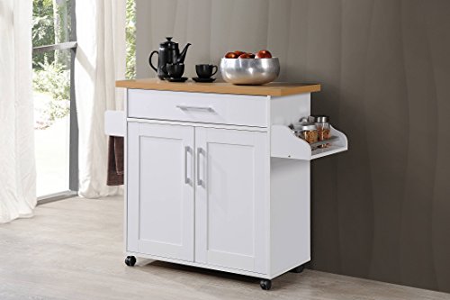 Hodedah Kitchen Island with Spice Rack, Towel Rack & Drawer, White with Beech Top, 15.5 x 35.5-44.9 x 35.2 inches