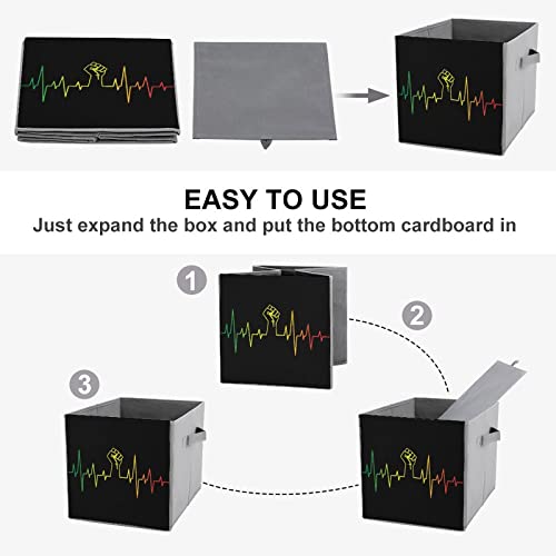 Black Heartbeat Fist Canvas Collapsible Storage Bins Cube Organizer Baskets with Handles for Home Office Car