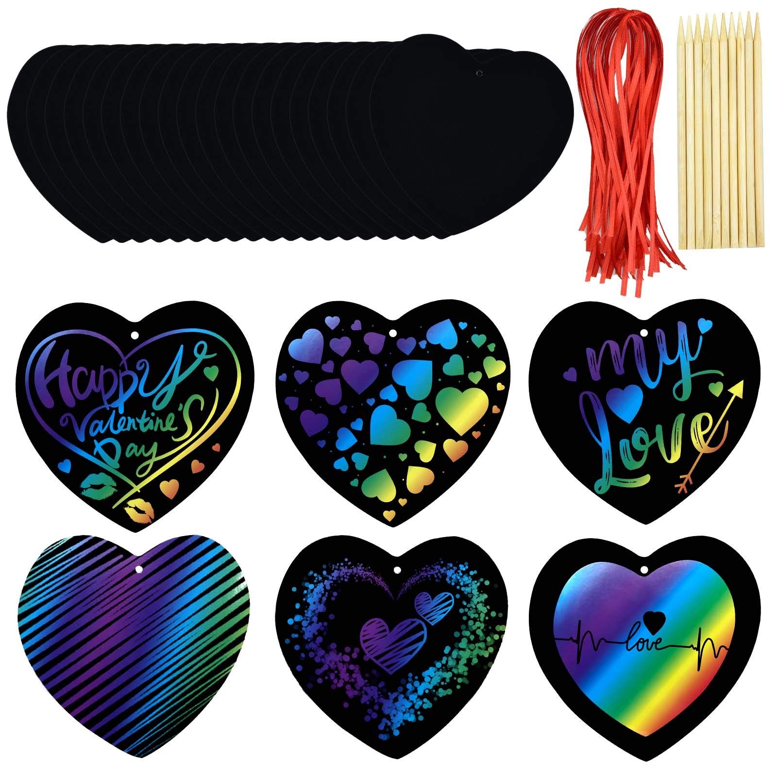 Jmkcoz Valentine Craft Heart Rainbow Scratch Paper Ornament Set, 60 Heart Shape Art Magic Scratch Card Paper Tags, 60 Ribbons with 10 Wooden Styluses for Mother Valenitne's Day Gift Decoration