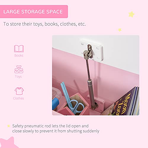 Qaba 2-in-1 Kids Wooden Toy Organizer Chest Storage Box with Seat Bench Cabinet Chunk Cube with Safety Pneumatic Rod Pink
