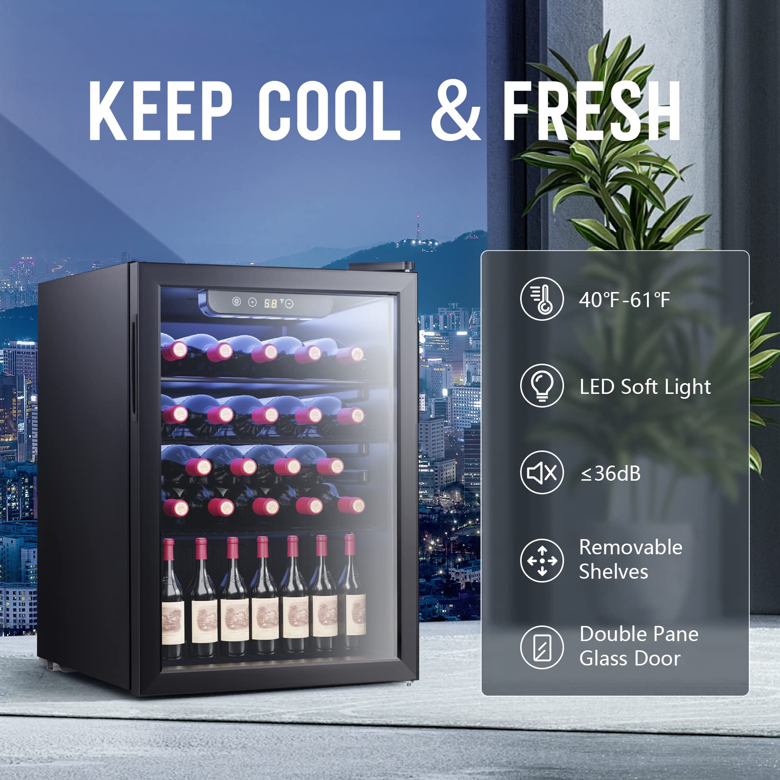 Antarctic Star 2.6 Cu.Ft 24 Bottle Wine Cooler/Cabinet Mini Beverage Refrigerator Cooler Glass Door for Soda Beer or Wine Small Drink Dispenser Clear Front for Home, Office or Bar, Black