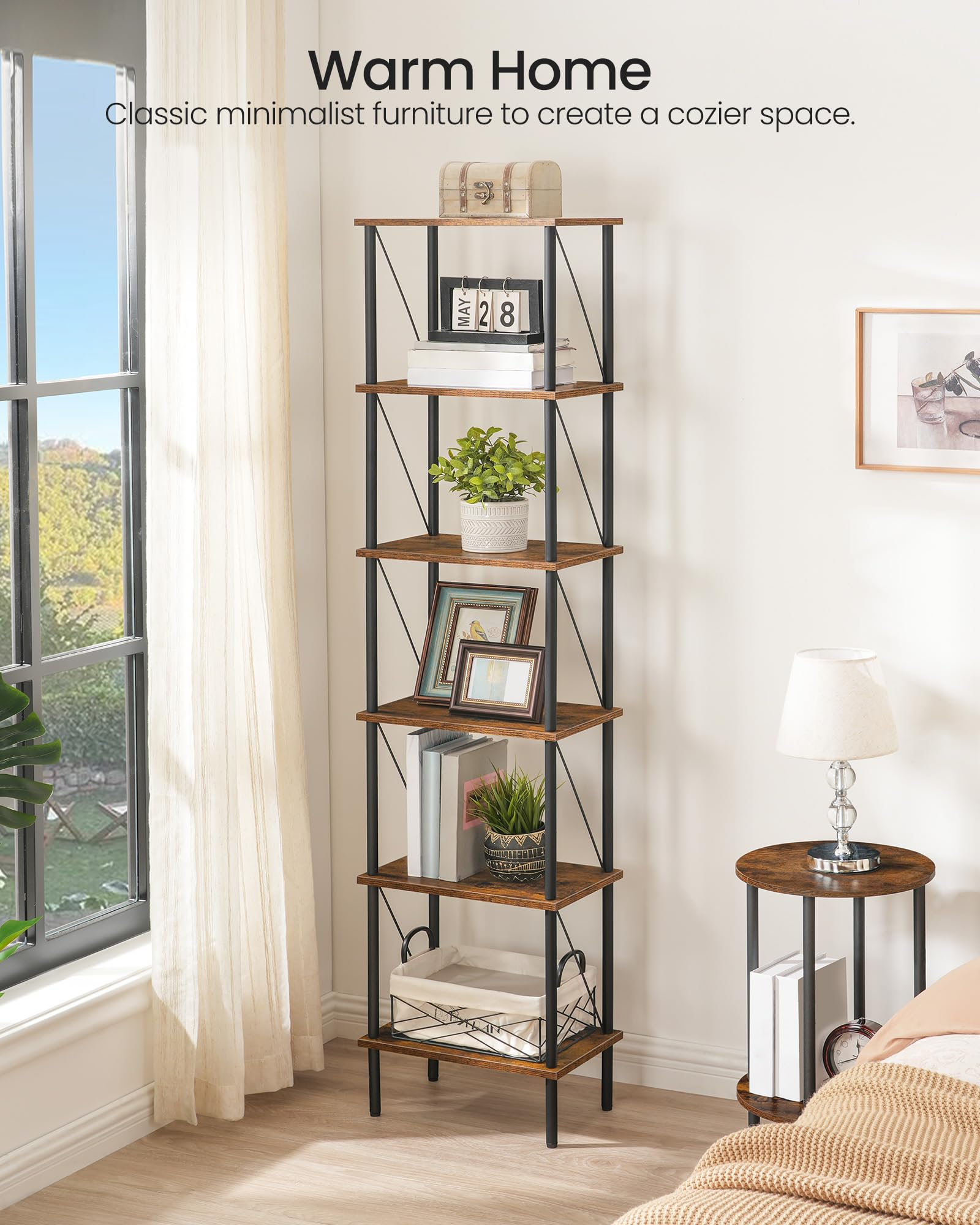 CHOEZON Narrow Book Shelf 6-Tier 67.2" Tall Bookcase with Protective Diagonal Braces, for Living Room, Bedroom, Study, Balcony, Rustic Brown and Black TCJ06BF