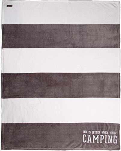 Pavilion Gift Company Life is Better When You're Camping-Gray & White Super Soft 50 x 60 Inch Striped Throw Embroidered Text 50" x 60" Royal Plush Blanket, Grey