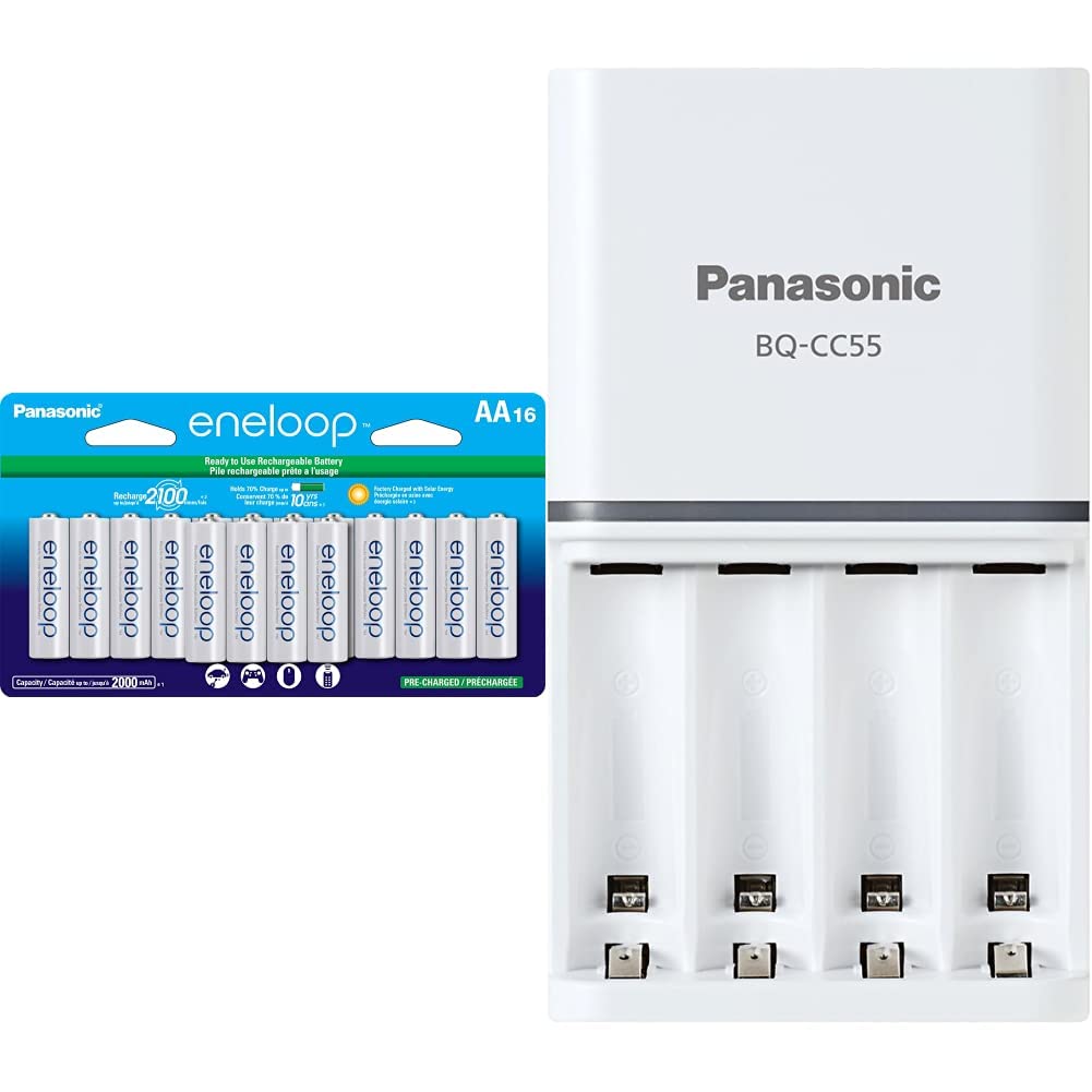 Eneloop Panasonic BK-3MCCA16FA AA 2100 Cycle Ni-MH Pre-Charged Rechargeable Batteries & BQ-CC55SBA Advanced Individual Battery 3 Hour Quick Charger with 4 LED Charge Indicator Lights, White