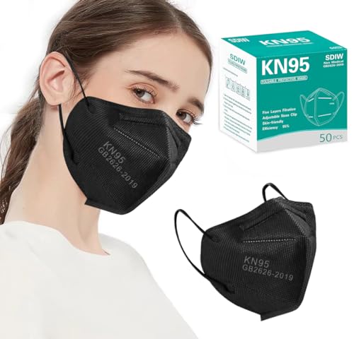 SDIW 50PCS KN95 Masks Black Face Masks 5 Layer Masks Filter Efficiency≥95% with Elastic Ear Loops and Nose Bridge Clip Breathable Face Mask