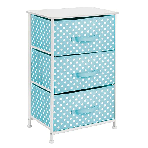 mDesign Storage Dresser End/Side Table Night Stand Tower Unit with 3 Removable Fabric Drawers - Organizer for Baby, Kid, and Teen Bedroom, Nursery, Playroom, or Dorm, Turquoise Blue/White Polka Dot