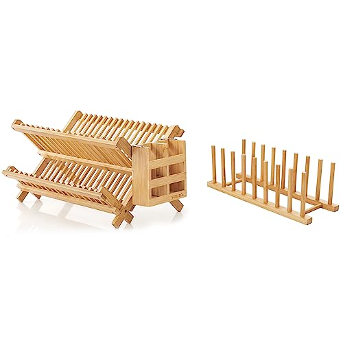 HBlife Bamboo Folding 2-Tier Collapsible Drainer Dish Drying Rack with Utensils Flatware Holder and Dish Plate Bowl Cup Book Pot Lid Cutting Board Drying Rack Stand
