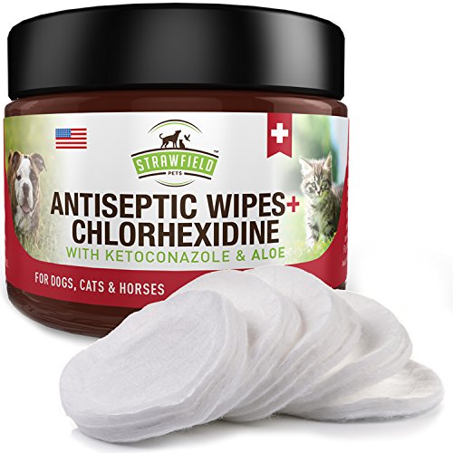 Strawfield Pets Cat & Dog Cleaning Wipes for Paws, Butt, Face, Ear & Body | Antibacterial & Antifungal Chlorhexidine Wipes for Yeast Infection Treatment, Hot Spot, Ringworm, Bacteria & Fungus