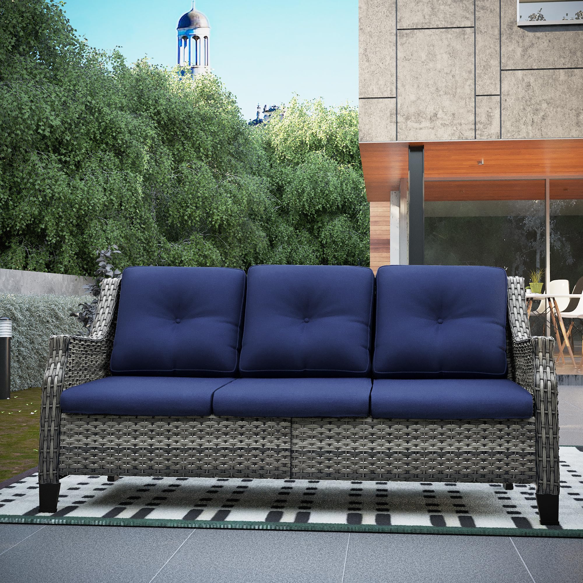Joyside Outdoor Patio Couch Wicker Sofa - 3 Seater Rattan Sofa for Outside Patio Garden with Deep Seating and Olefin Cushions(Mixed Grey/Dark Blue)