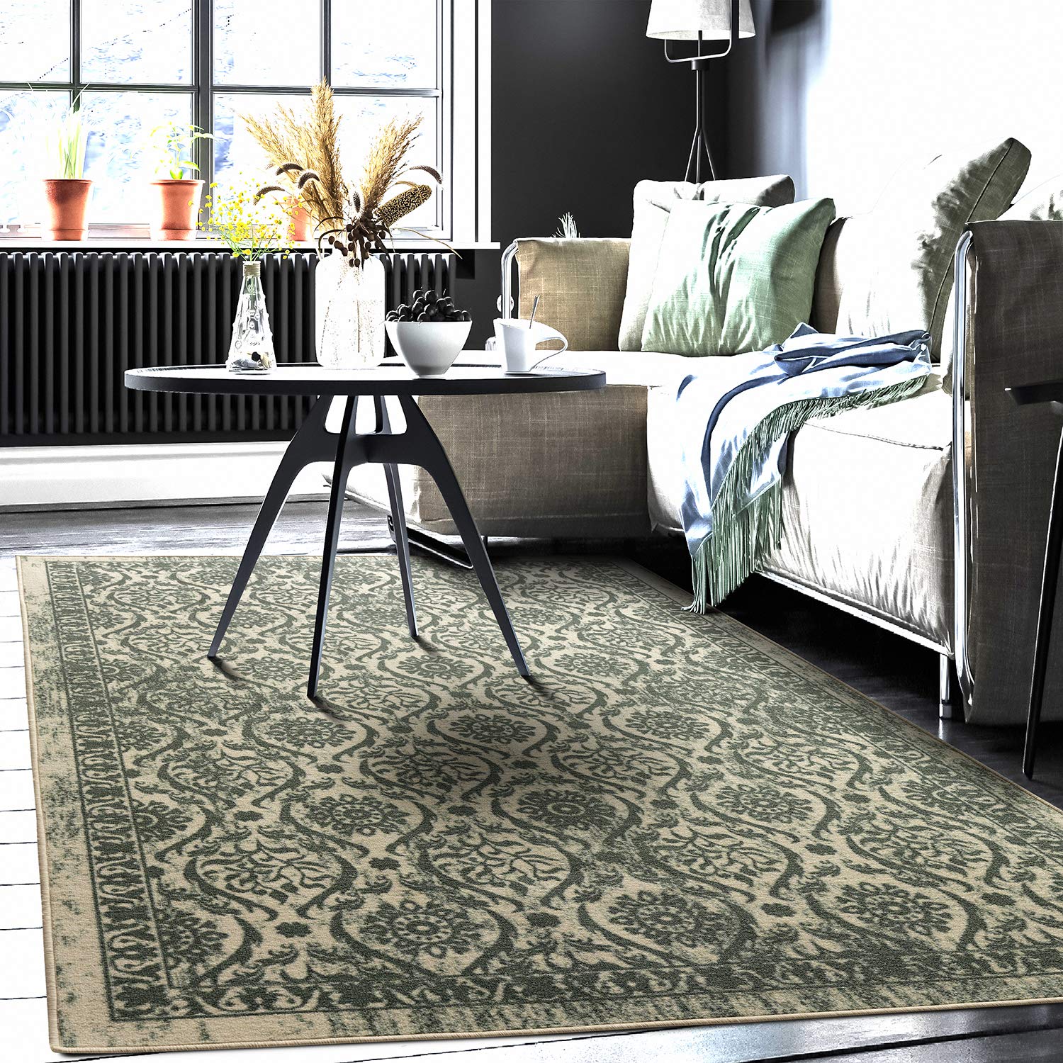Antep Rugs Alfombras Non-Skid (Non-Slip) 8x10 Rubber Backing Floral Geometric Low Profile Pile Indoor Area Rugs (Dark Green, 7'10" x 10')