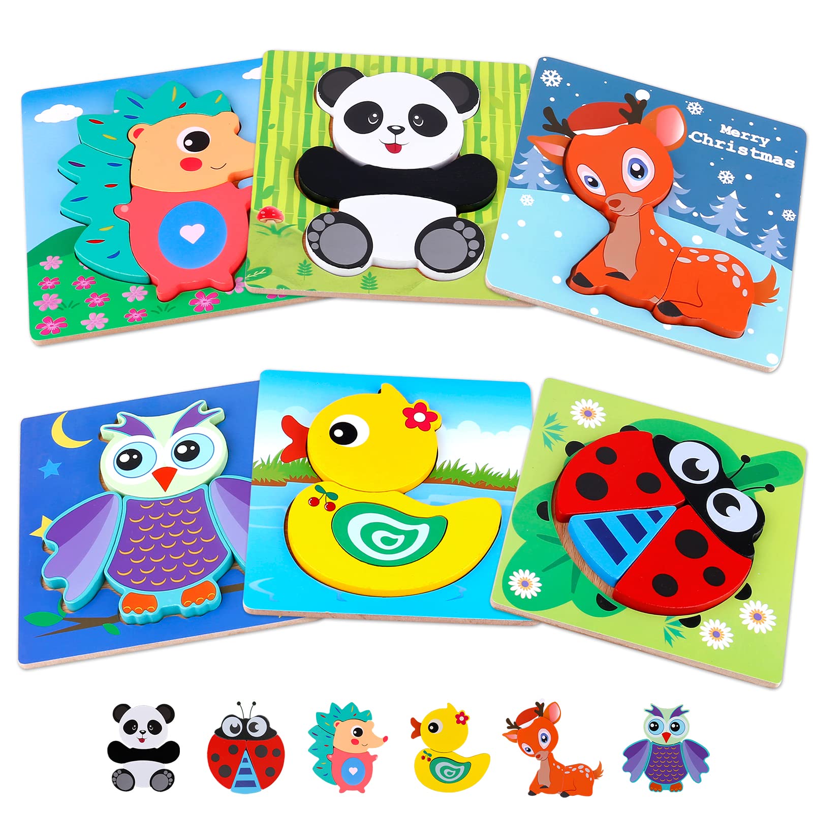 GINMIC Wooden Puzzles for Toddlers, Boys & Girls Educational Preschool Toys Gift with 6 Animals Patterns, Puzzles for 3 Year olds.