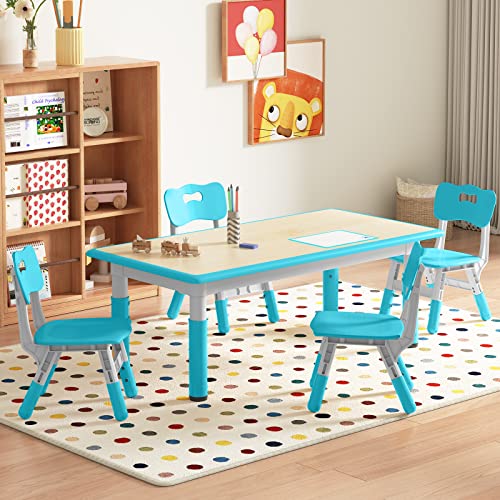 wanan Kids Table and 4 Chairs Set, Multi Levels Height Adjustable Toddler Table and Chairs Set for Daycare, Classroom, Home, Playroom, Easy to Clean Arts & Crafts Table for Ages 2-10 (Light Blue)