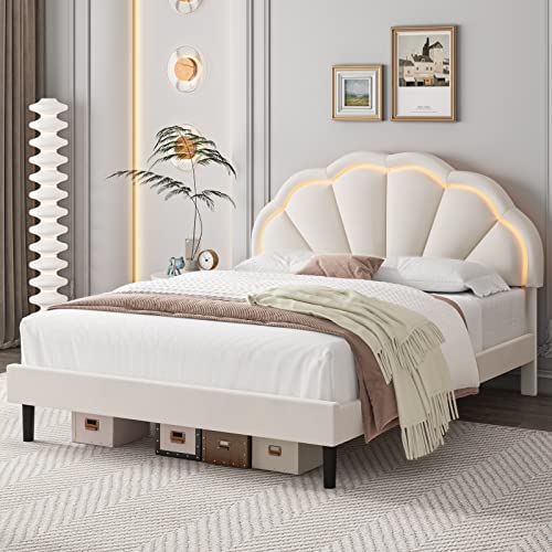 HIFIT Queen Upholstered Smart LED Bed Frame with Adjustable Elegant Flowers Headboard, Platform Bed Frame Queen Size with Wooden Slats Support, No Box Spring Needed, Easy Assembly, Beige