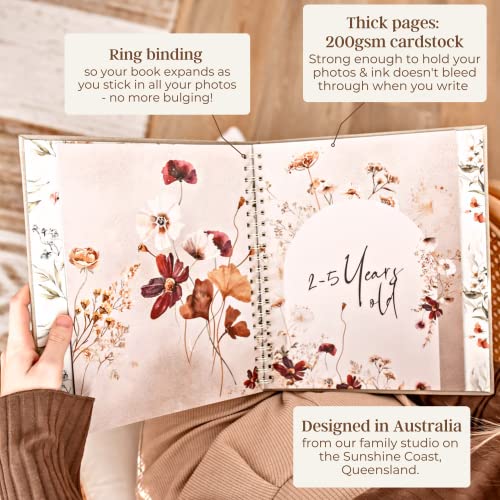 Peachly Baby Memory Book | Minimalist First Year Keepsake for Milestone | Simple Baby Scrapbook Books for Girl | 60 Pages Beige Linen - Fleur