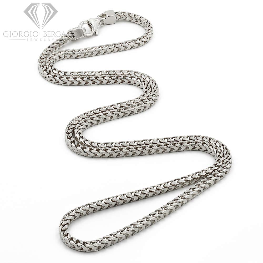 Giorgio Bergamo 925 Italian Sterling Silver 3mm Solid Franco Chain, Rhodium Plated Square Box Link Necklace, (24)